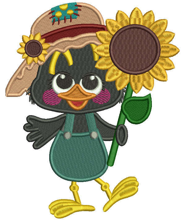 Cute Crow Holding a Sunflower Fall Filled Thanksgiving Machine Embroid ...
