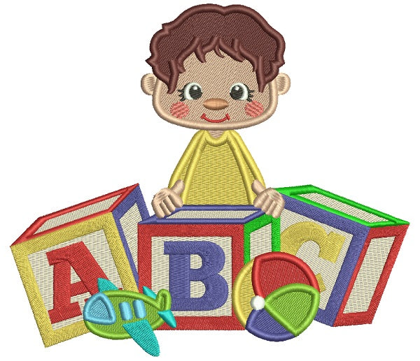 Little Boy Sitting With ABC Blocks School Filled Machine Embroidery De ...