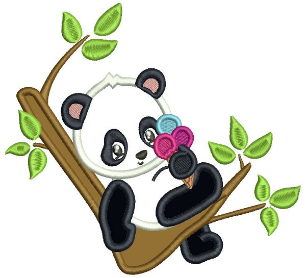 Little Panda Sitting On The Branch Applique Machine Embroidery Design ...