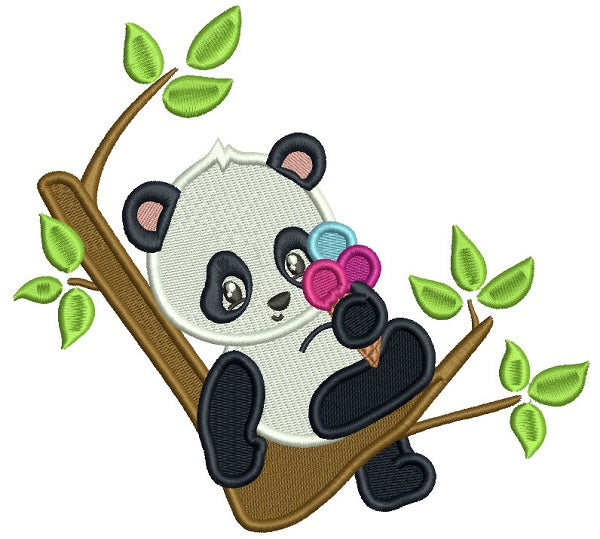 Little Panda Sitting On The Branch Filled Machine Embroidery Design Di ...